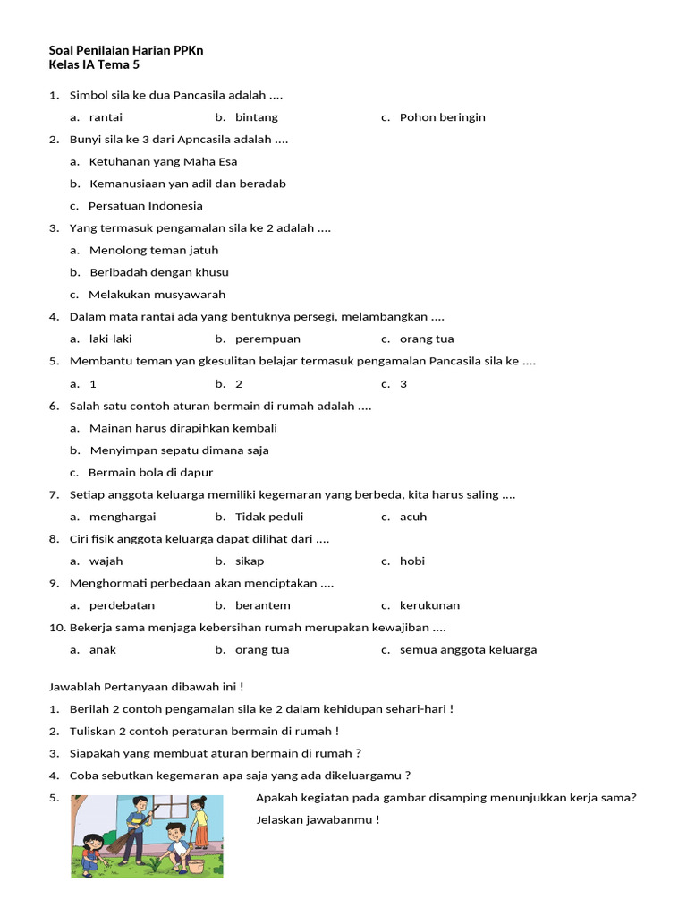 Soal Penilaian Harian Kelas 1 | PDF