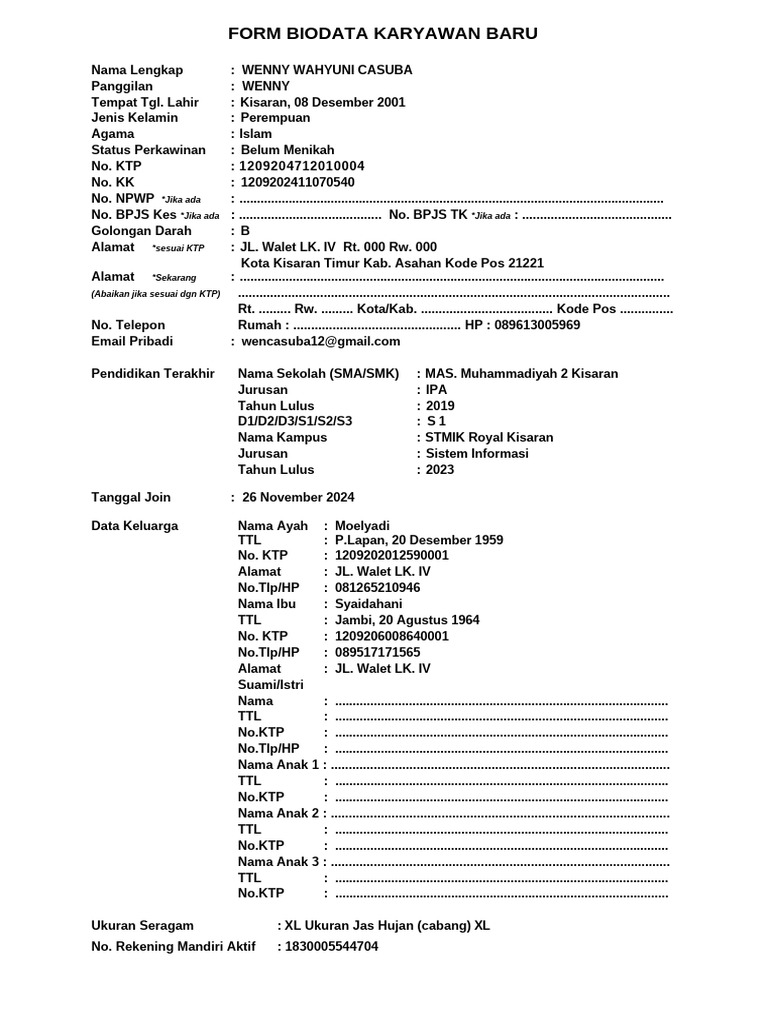 Form Biodata Diri Karyawan NEW | PDF