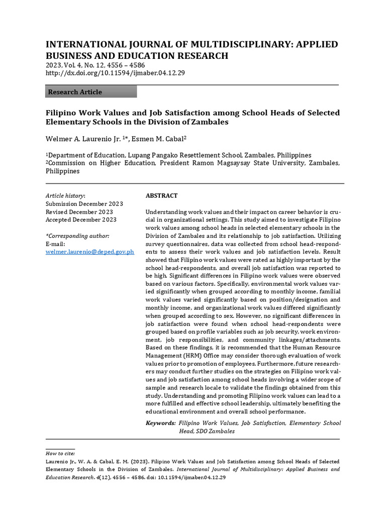 Filipino Work Values & Job Satisfaction in Schools | PDF | Job Satisfaction