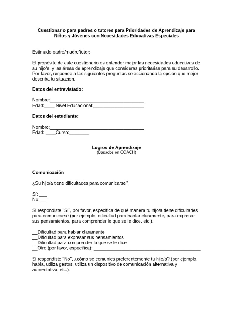 Cuestionario de Aprendizaje para Niños con Necesidades Especiales | PDF ...