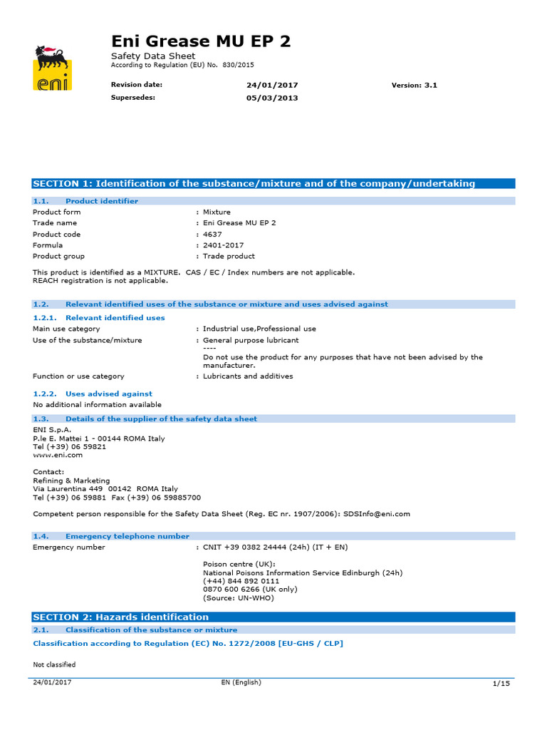 Eni Grease MU EP 2 Safety Data Sheet | PDF | Chemistry | Materials