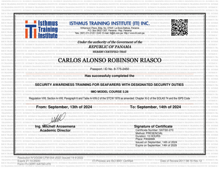 Certificate SATAS 3.26 Designated Security Duties - Carlos Robinson | PDF