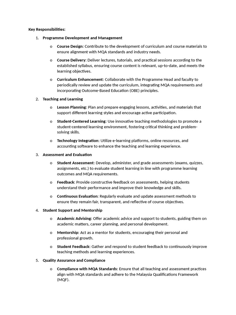 Key Responsibilities | PDF | Educational Assessment | Mentorship