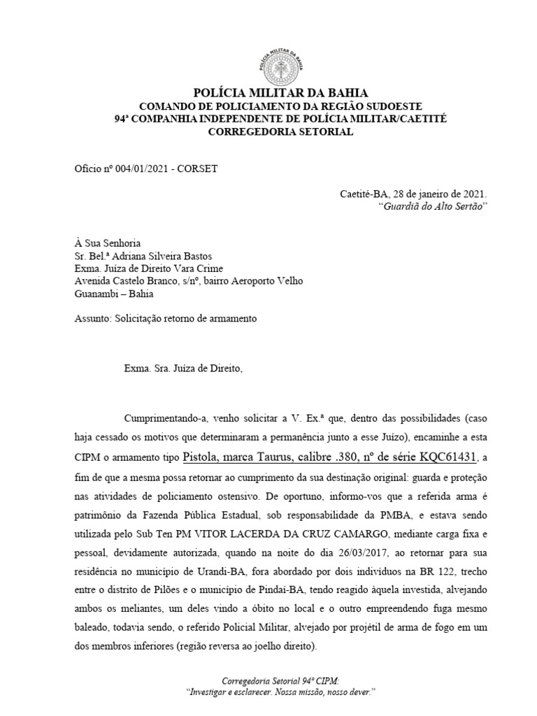 004 - Ofício 004-Exma. Juíza Vara Crime de Guanambi (Solicitação ...