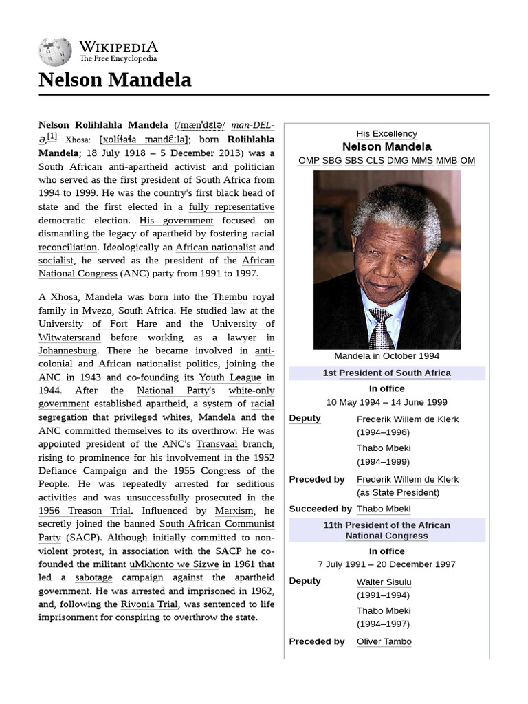 Nelson Mandela: South Africa's First Black President | PDF | Nelson ...