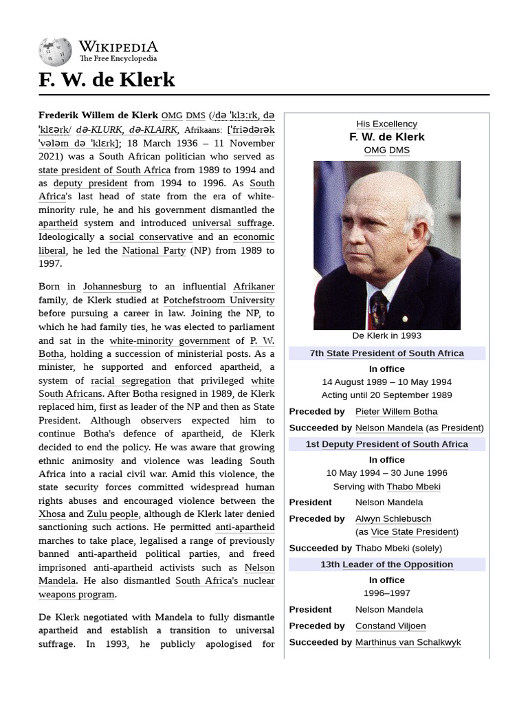 F._W._de_Klerk | PDF | Nelson Mandela | Apartheid