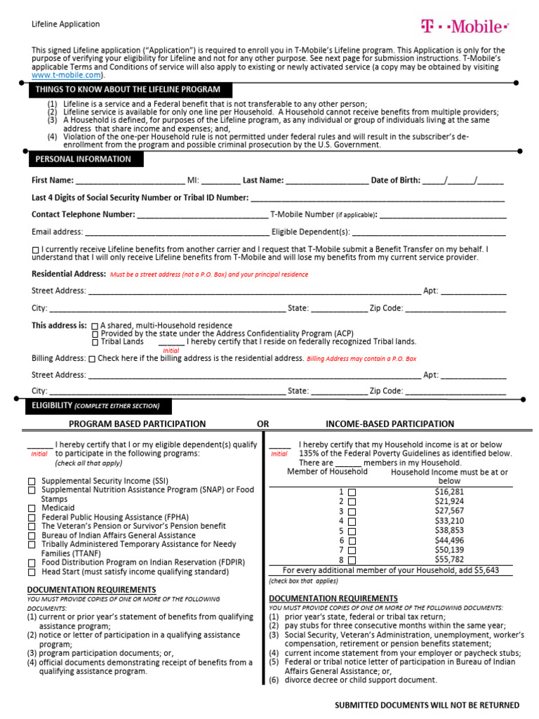 2017 Lifeline Application Form | PDF | Indian Reservation | T Mobile Us