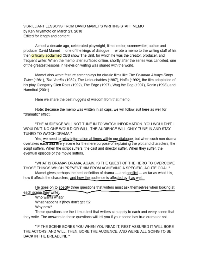 David Mamet's 9 Writing Lessons | PDF