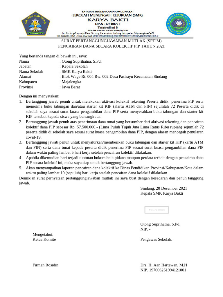 Contoh Surat Pertanggungjawaban Mutlak Pip- Salin | PDF