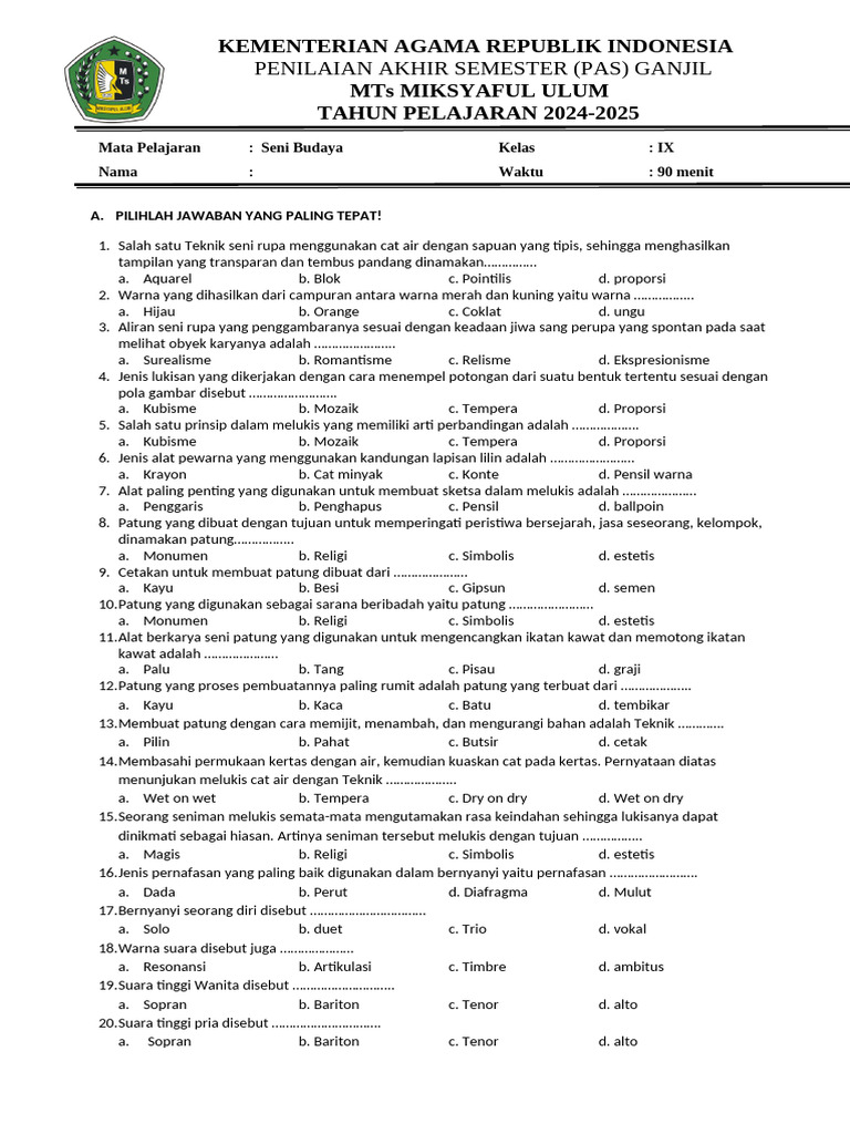 Soal SBK Pas Kls 9 2024 | PDF