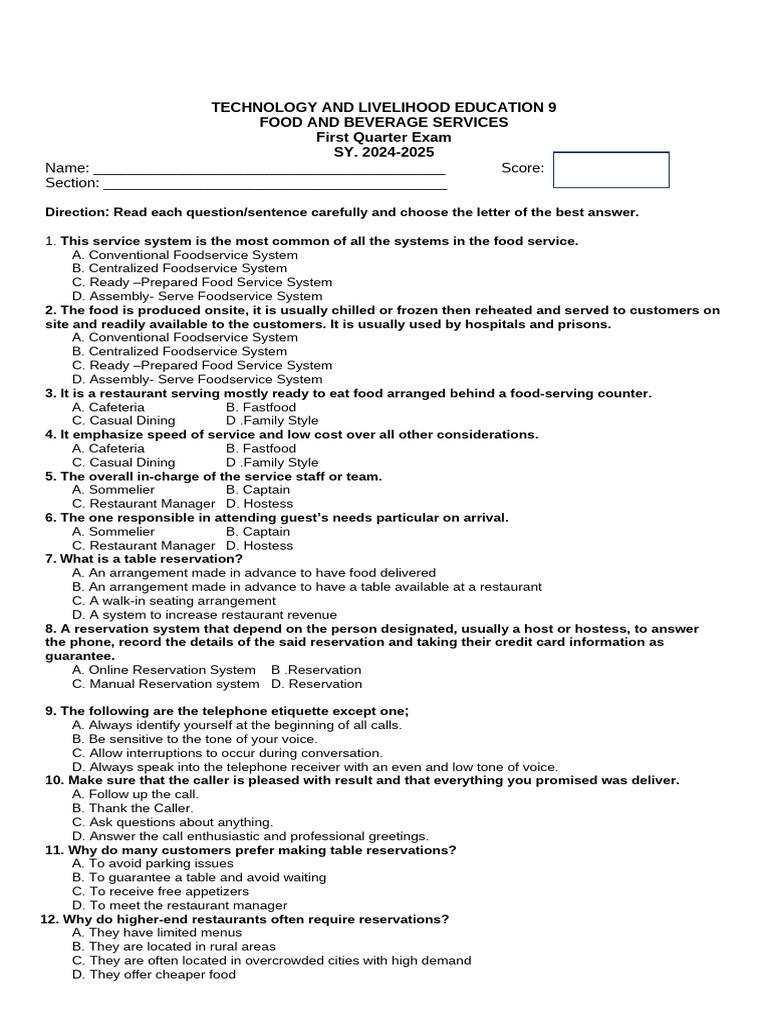 FBS Exam: Food Service Knowledge Test | PDF | Tableware | Foodservice