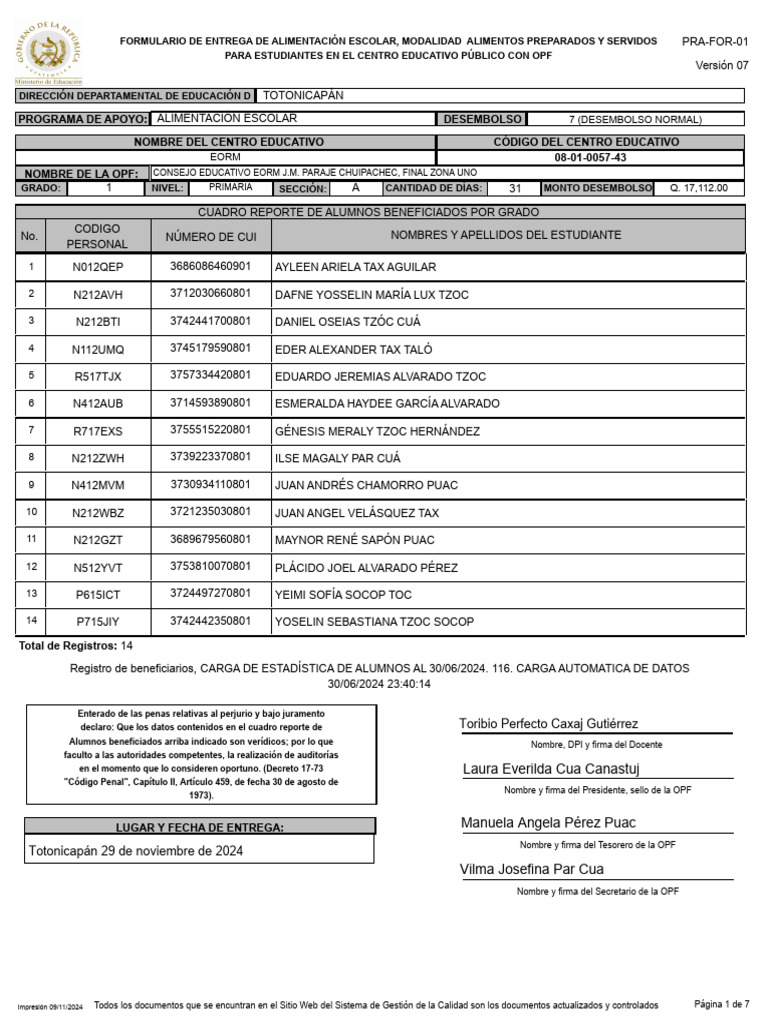 Formulario de Alimentación Escolar OPF | PDF | Producción y fabricación ...