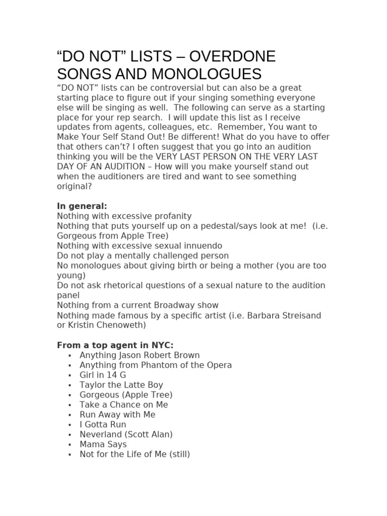 Overdone Songs and Monologues Guide | PDF | Theatre | Broadway Theatre