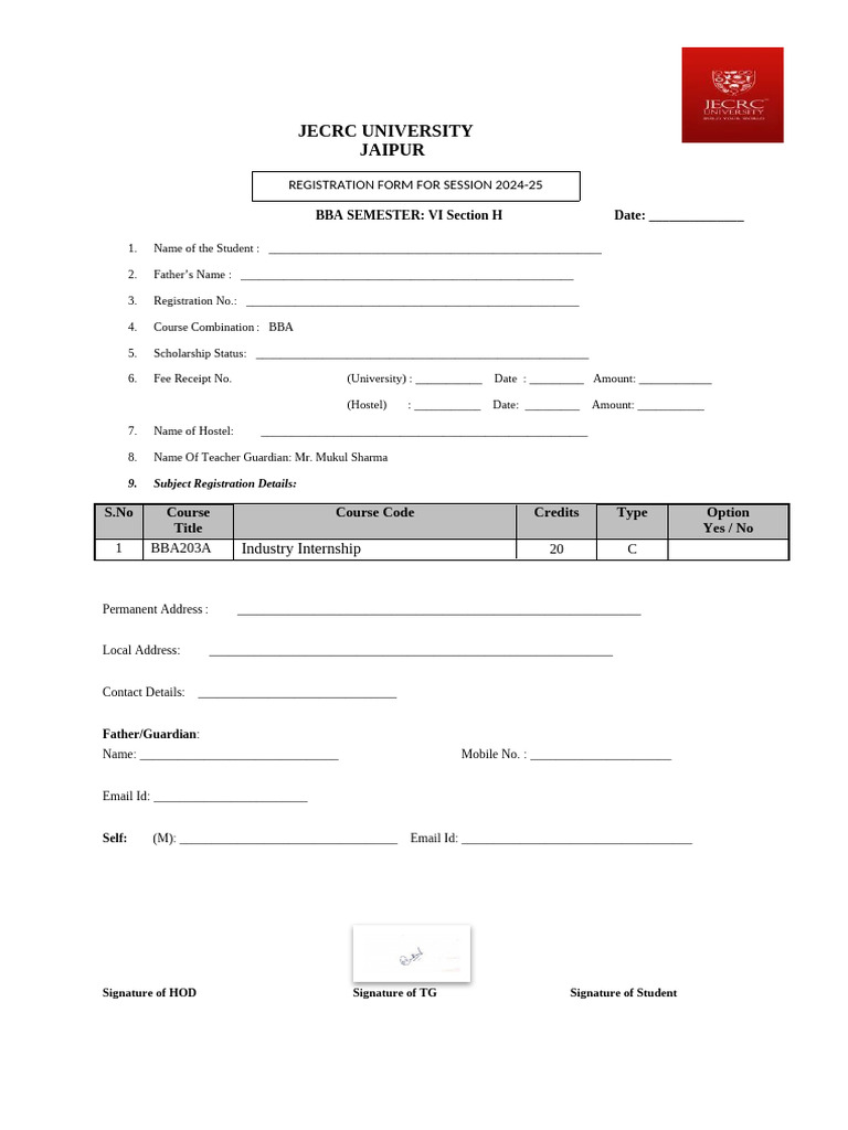 BBA Sem. VI Sec. H - Registration Form 2024-25 | PDF
