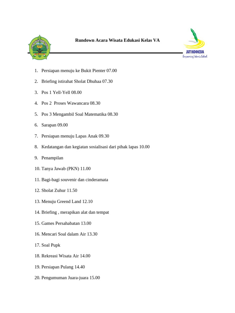 Rundown Acara Wisata Edukasi Kelas VA | PDF