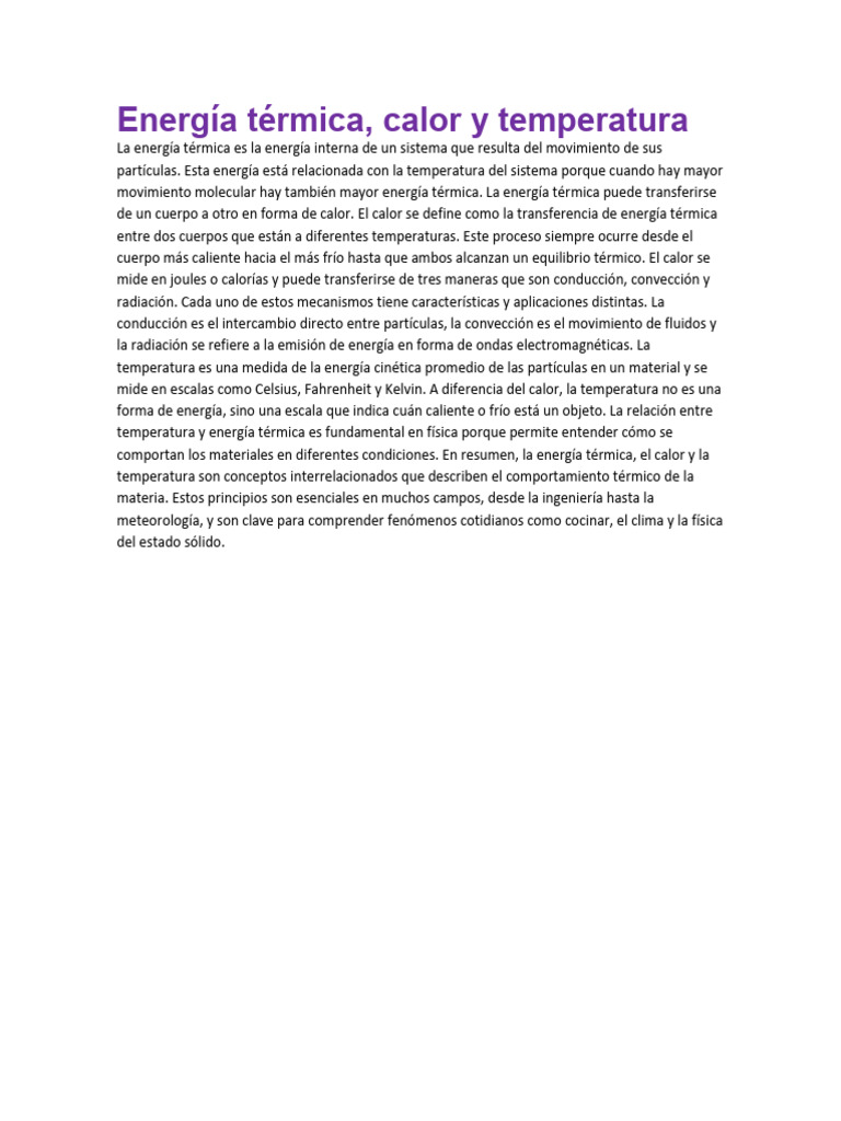 Energía Térmica, Calor y Temperatura | PDF