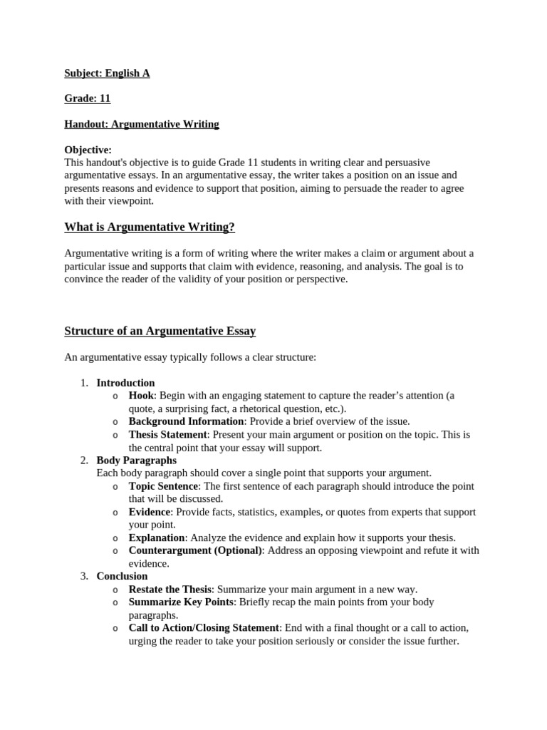 Argumentative Writing - Grade 11 | PDF | Essays | Argument