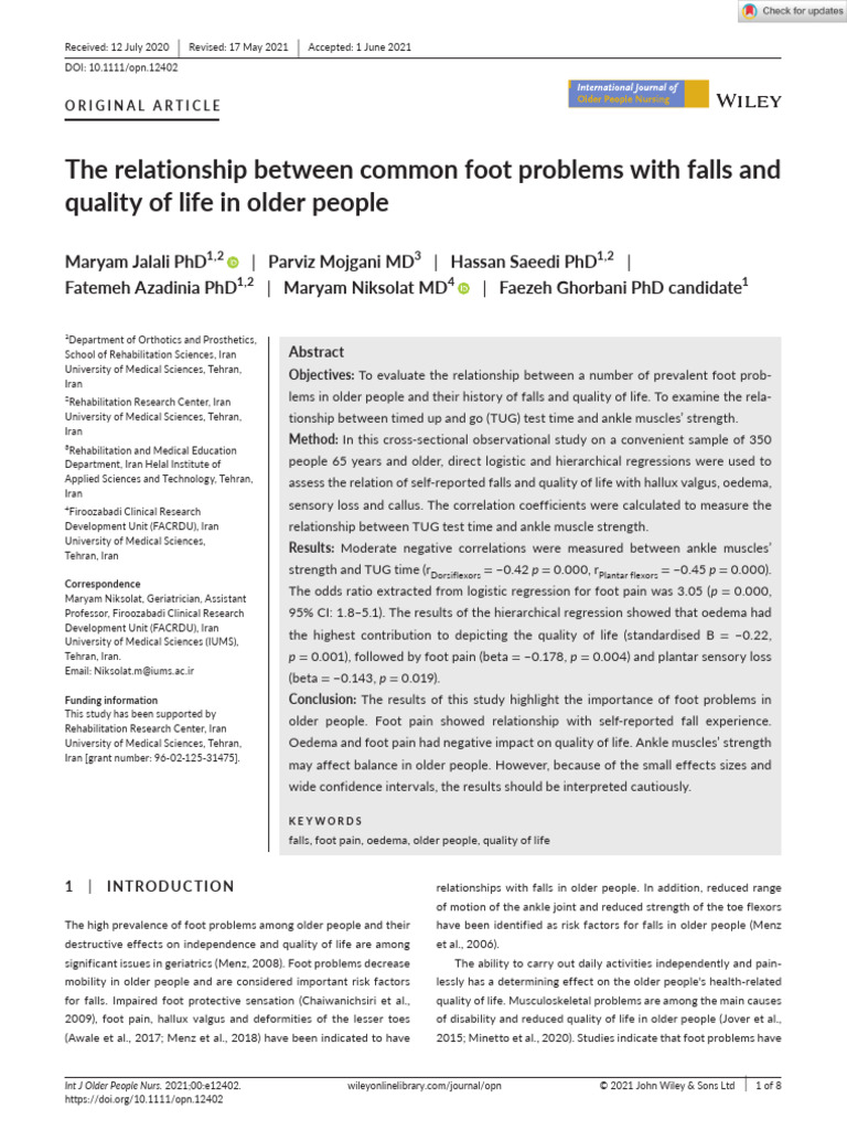 Jalali, 2020. The Relationship Between Common Foot Problems With Falls ...