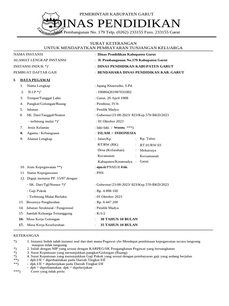 Surat Keterangan Tunjangan Keluarga Garut | PDF