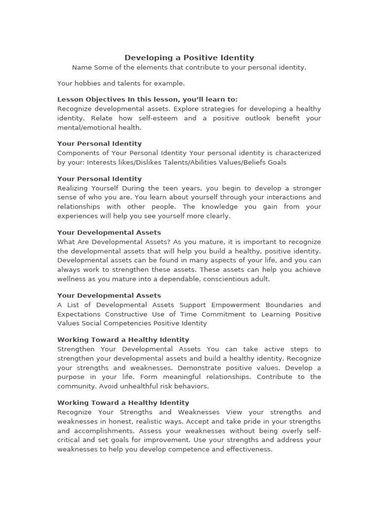 Developing A Positive Identity | PDF | Identity (Social Science) | Self ...