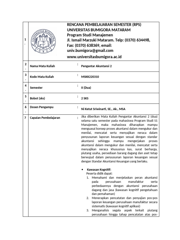 RPS Pengantar Akuntansi 2 Semester 2 | PDF