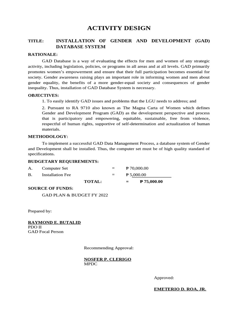 Activity Design Installation of Gender and Development (Gad) Database ...