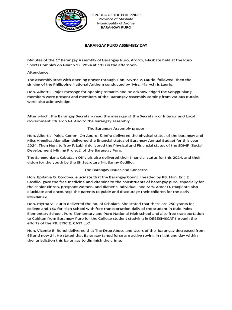 Minutes of Brgy. Assembly | PDF