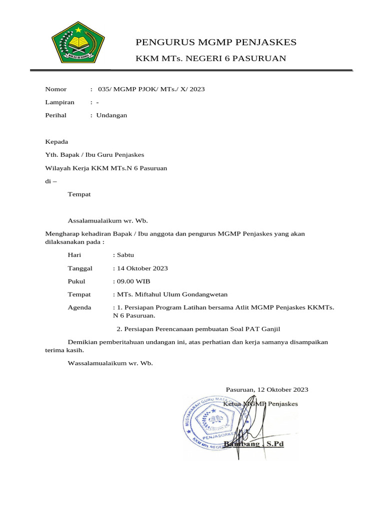 Undangan Rapat MGMP Penjaskes 2023 | PDF