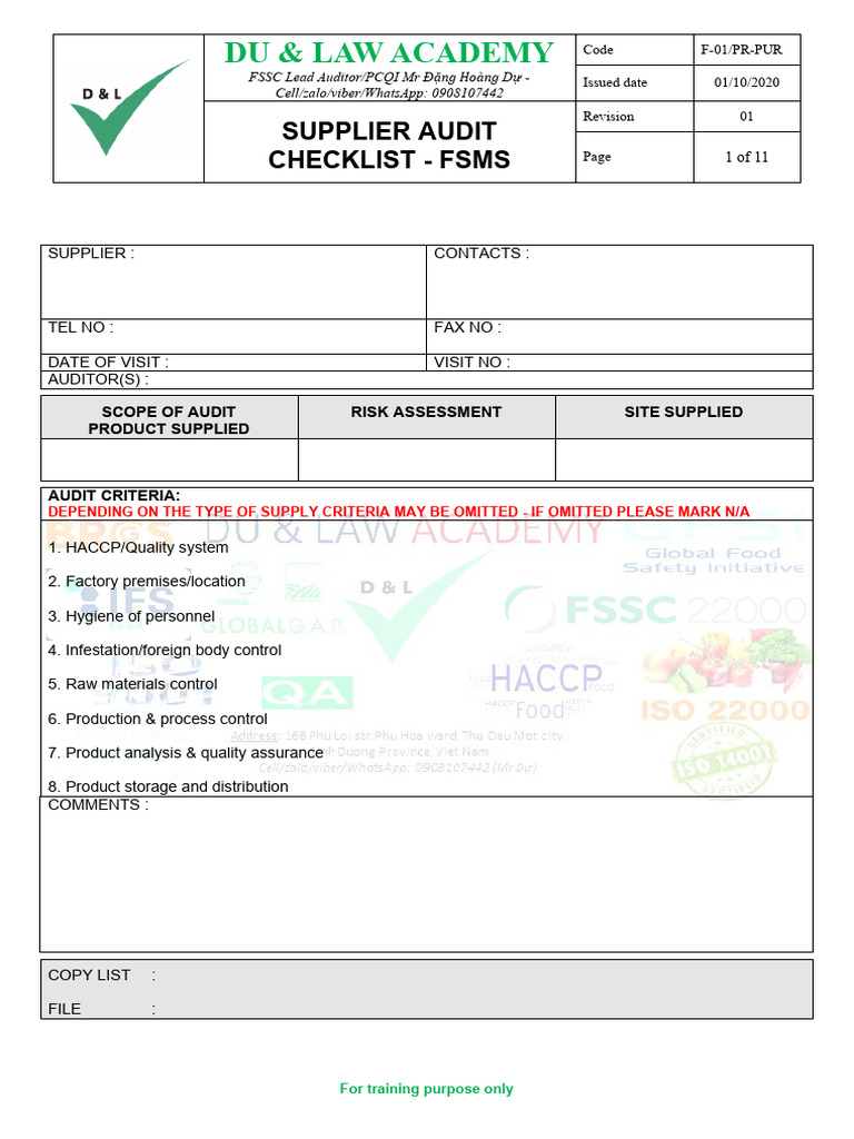 Supplier Audit checklist - FSMS (1) | PDF | Audit | Hazard Analysis And ...