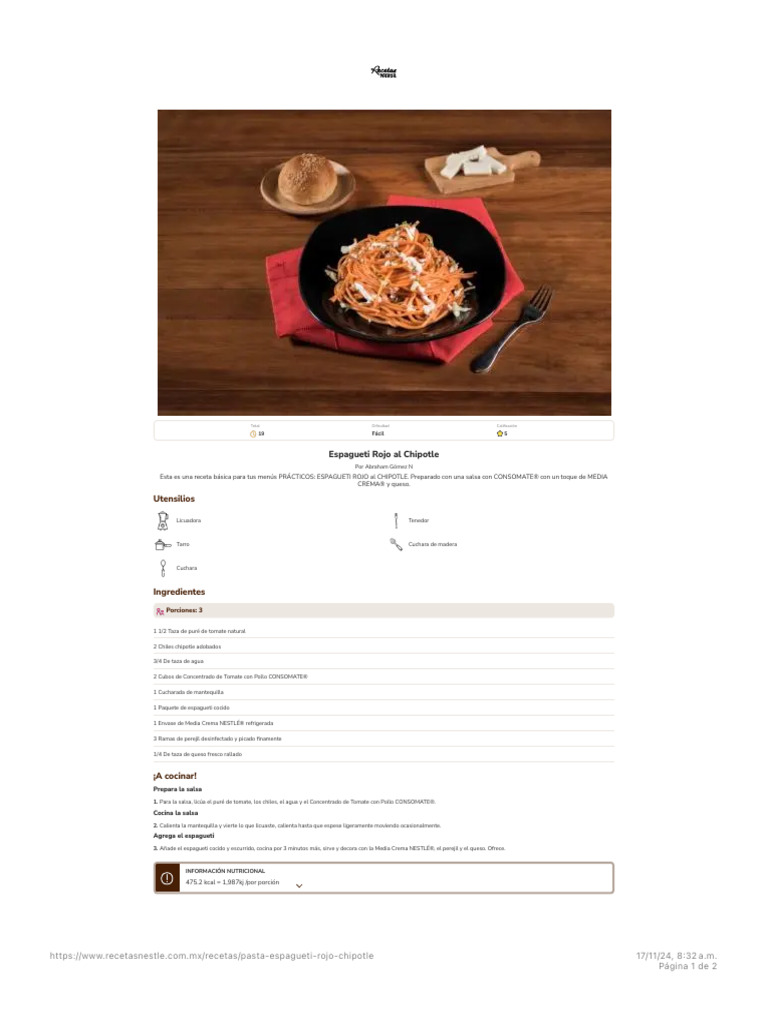 Espagueti Rojo Al Chipotle - Recetas Nestlé | PDF | Espaguetis | Salsa