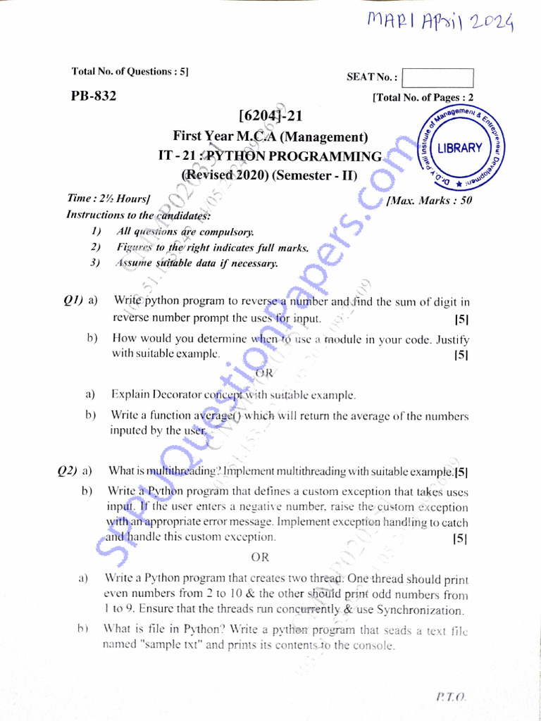 Postgraduate Pg Master Computer Applications Mca Semester 2 2024 May Python Programming2020 ...