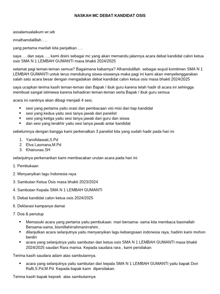 Naskah MC Debat Kandidat OSIS 2024/2025 | PDF