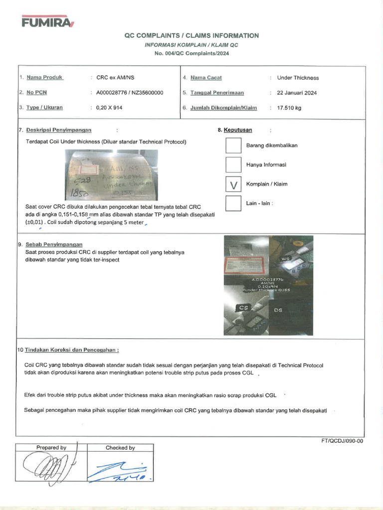 Surat Komplain CRC AMNS - Under Thickness | PDF