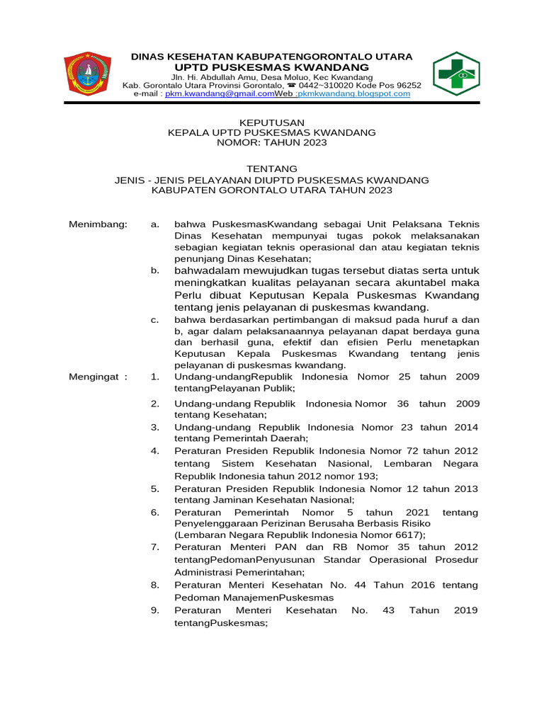 SK jenis jenis pelayanan puskesmas 2023 | PDF