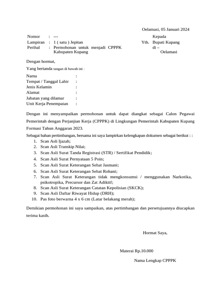 FORMAT SURAT LAMARAN Dan PERNYATAAN CPPPK 2024 | PDF