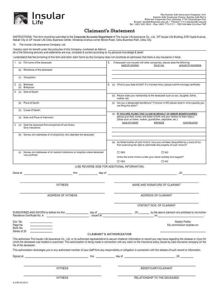 Claimant's Statement (CS) Form (2) | PDF | Life Insurance | Justice