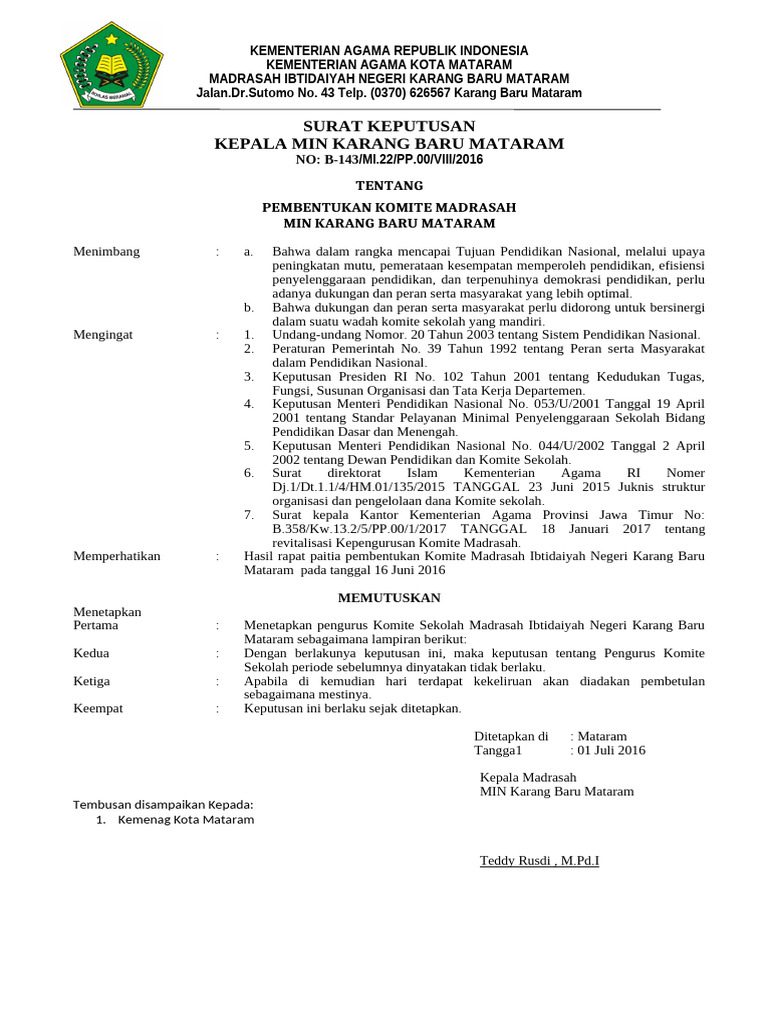 Pembentukan Komite Madrasah MIN Mataram | PDF