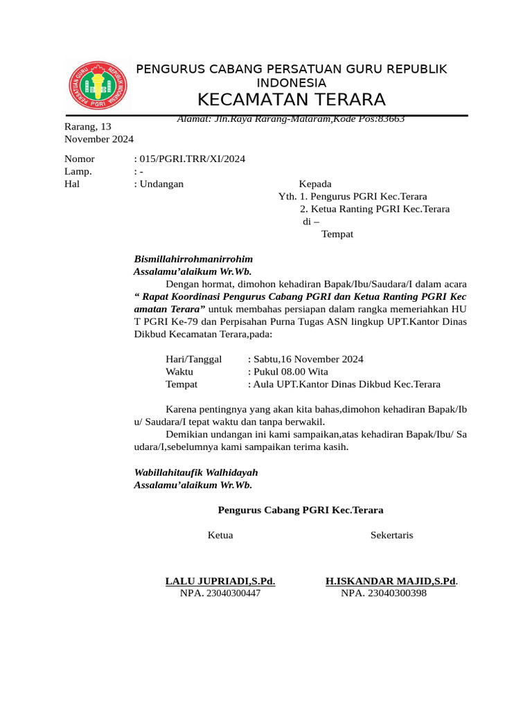 Surat Undangan PC - Pgri Kec - Terara | PDF