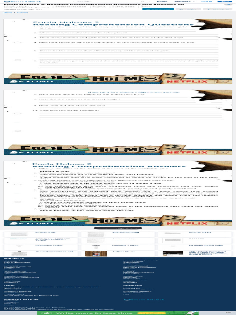 Enola Holmes 2 Reading Comprehension Questions and Answers On - Course ...