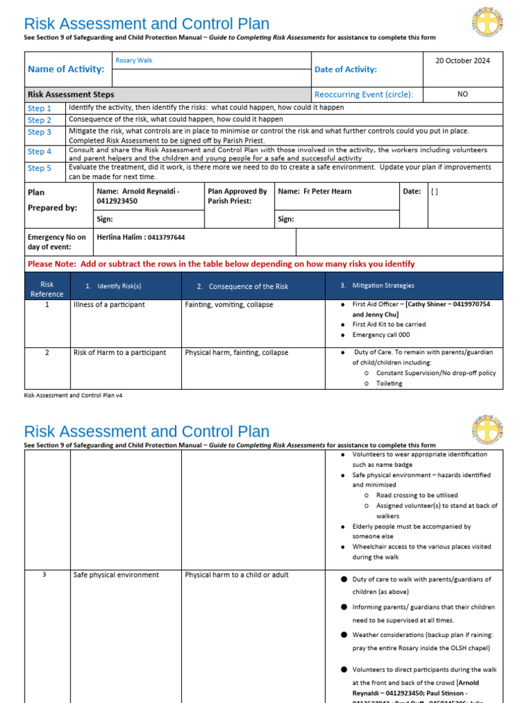 Church Activity Risk Assessment Template | PDF | Risk | Risk Assessment