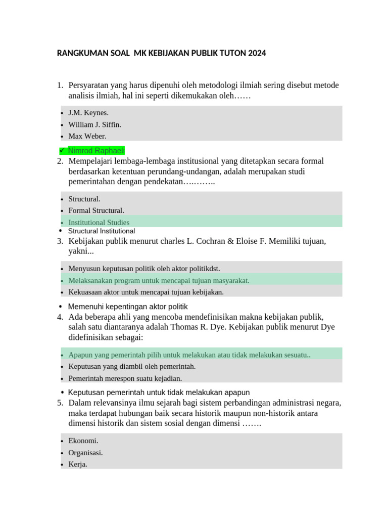 RANGKUMAN SOAL TUGAS MK KEBIJAKAN PUBLIK TAHUN 2024 | PDF