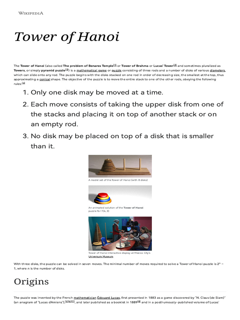 History and Origins of Tower of Hanoi | PDF | Mathematics