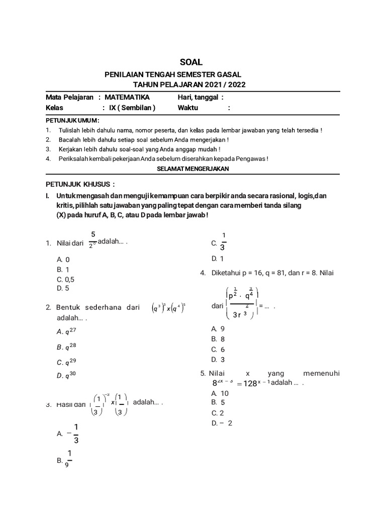 537076848 Soal PTS Matematika KLS 9 Sem 1 Www Kherysuryawan Id | PDF