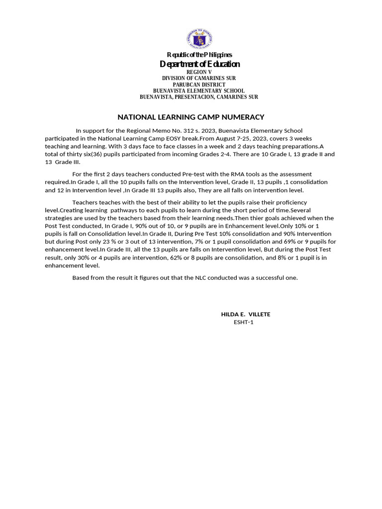 ACCOMPLISHMENT-REPORT-NATIONAL-LEARNING-CAMP-NUMERACY with ...