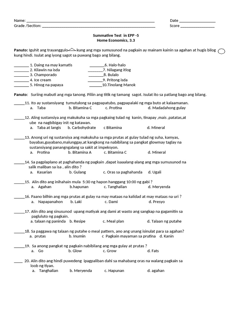 Summative Test No. 2.3 2.4 EPP 5 HE | PDF