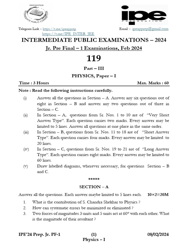 Physics-I JR Pf1 Ipe'24 | PDF | Physics | Mechanical Engineering