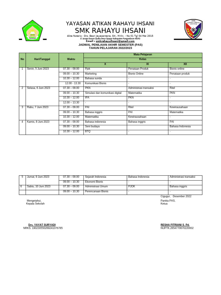 Jadwal Pas 2022 | PDF
