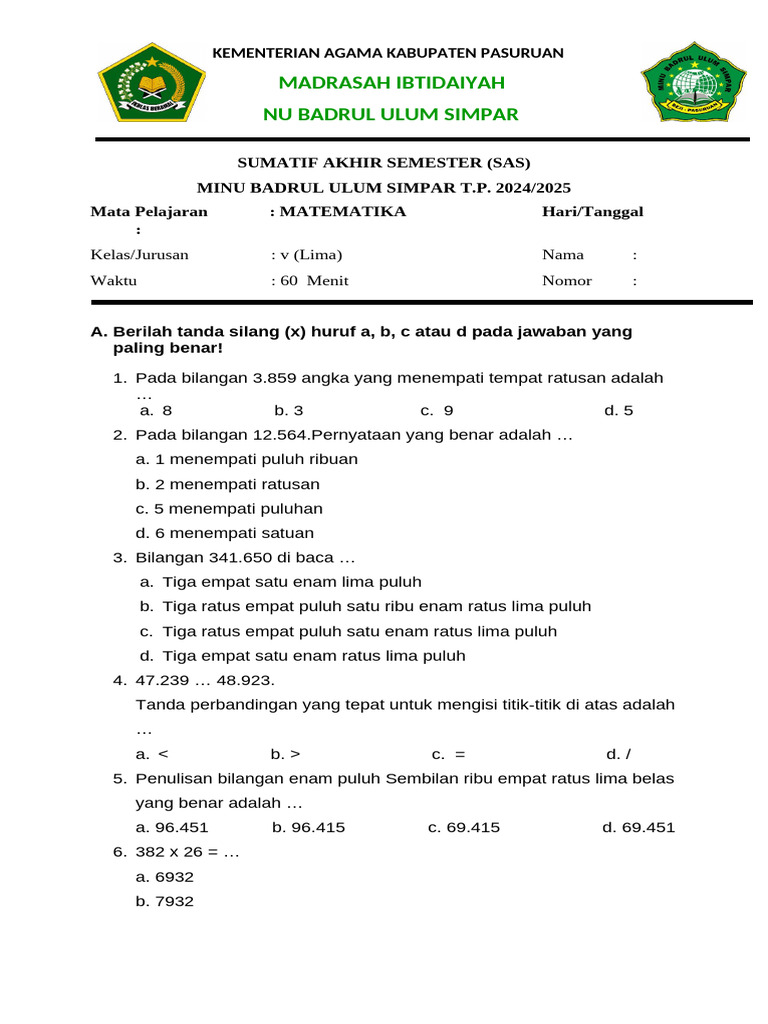 soal sas mtk kls 5 | PDF