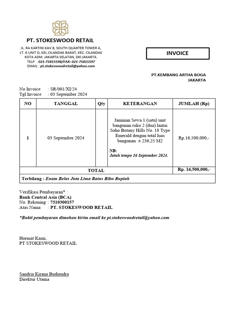 Invoice Sewa Ruko PT. Stokeswood | PDF