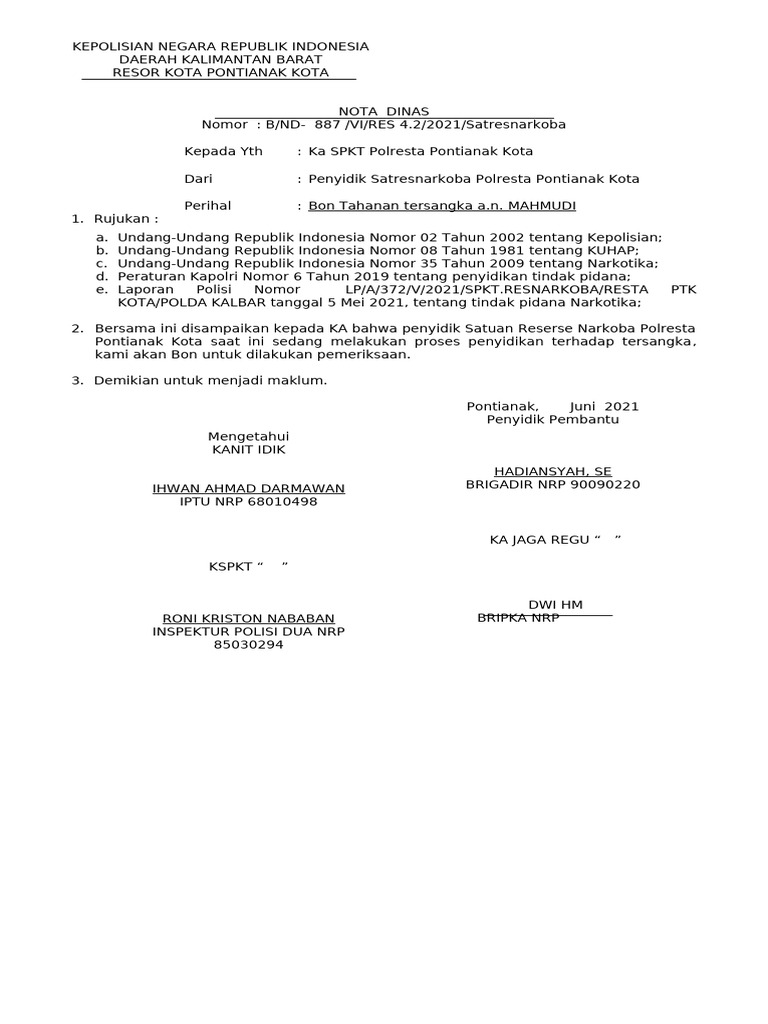 Nota Dinas Bon Roni Mahmudi | PDF